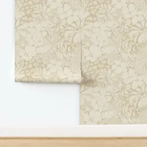Spoonflower Dogwood Botanical Magnolia Xl Scale Floral Sketch Custom Pre-pasted Wallpaper - Beige