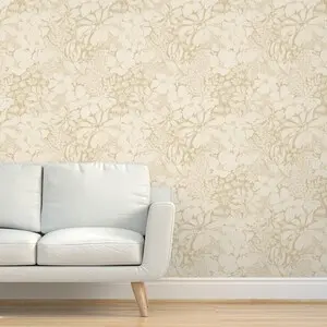 Spoonflower Dogwood Botanical Magnolia Xl Scale Floral Sketch Custom Pre-pasted Wallpaper - Beige