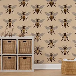 Spoonflower Jumbo Bees Natural Faux Texture Farmhouse Rustic Custom Removable Wallpaper