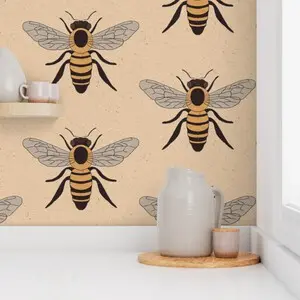 Spoonflower Jumbo Bees Natural Faux Texture Farmhouse Rustic Custom Removable Wallpaper