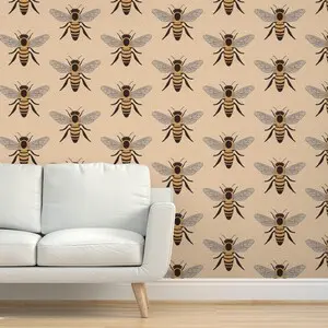 Spoonflower Jumbo Bees Natural Faux Texture Farmhouse Rustic Custom Pre-pasted Wallpaper