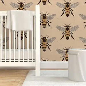 Spoonflower Jumbo Bees Natural Faux Texture Farmhouse Rustic Custom Pre-pasted Wallpaper