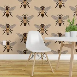 Spoonflower Jumbo Bees Natural Faux Texture Farmhouse Rustic Custom Pre-pasted Wallpaper