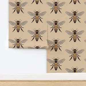 Spoonflower Jumbo Bees Natural Faux Texture Farmhouse Rustic Custom Pre-pasted Wallpaper