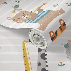 Spoonflower Whimsical Animals Animal Band Colorful Scandi Custom Pre-pasted Wallpaper - Gray