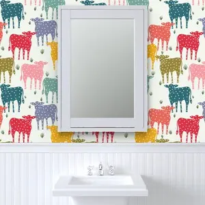 Spoonflower Whimsical Cows Farm Animals Cattle Farmhouse Custom Pre-pasted Wallpaper