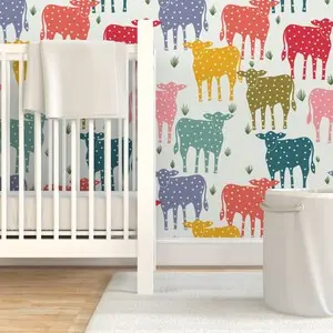 Spoonflower Whimsical Cows Farm Animals Cattle Farmhouse Custom Pre-pasted Wallpaper