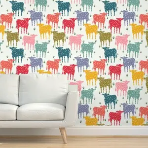Spoonflower Whimsical Cows Farm Animals Cattle Farmhouse Custom Pre-pasted Wallpaper