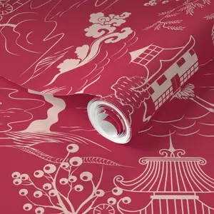 Spoonflower Magenta Chinoiserie Maximalist Japanese Cranes Custom Removable Wallpaper - Pink,beige