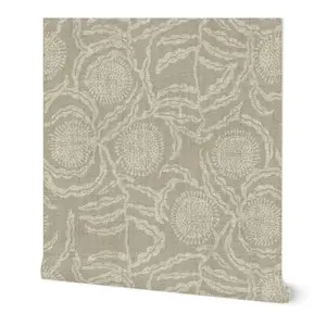 Spoonflower Vintage Floral Neutral Natural Linen Look Rustic Custom Pre-pasted Wallpaper - Beige