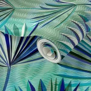 Spoonflower Jungle Palm Tropical Foliage Rainforest Summer Custom Pre-pasted Wallpaper - Green,blue