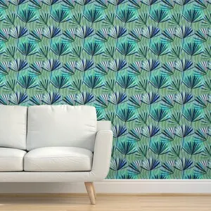 Spoonflower Jungle Palm Tropical Foliage Rainforest Summer Custom Pre-pasted Wallpaper - Green,blue