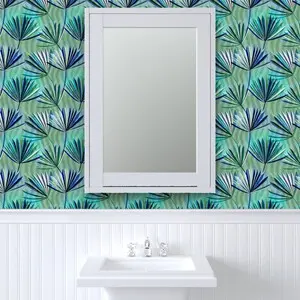 Spoonflower Jungle Palm Tropical Foliage Rainforest Summer Custom Pre-pasted Wallpaper - Green,blue