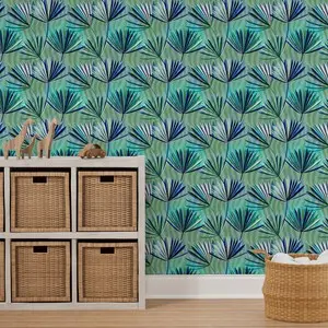 Spoonflower Jungle Palm Tropical Foliage Rainforest Summer Custom Pre-pasted Wallpaper - Green,blue