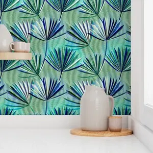 Spoonflower Jungle Palm Tropical Foliage Rainforest Summer Custom Pre-pasted Wallpaper - Green,blue