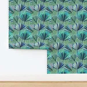 Spoonflower Jungle Palm Tropical Foliage Rainforest Summer Custom Pre-pasted Wallpaper - Green,blue