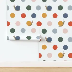 Spoonflower Polka Dots Woodland Snails Primary Colors Custom Pre-pasted Wallpaper