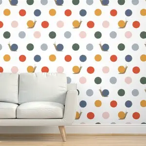 Spoonflower Polka Dots Woodland Snails Primary Colors Custom Pre-pasted Wallpaper