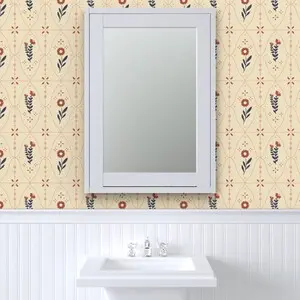 Spoonflower Rust Floral Scandi Flowers Traditional Minimal Custom Pre-pasted Wallpaper - Beige,red