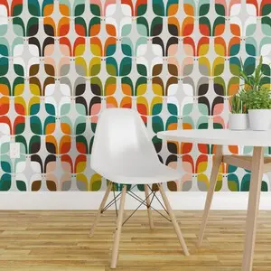 Spoonflower Mid Century Birds Whimsical Retro Atomic Era 1950s Custom Pre-pasted Wallpaper - Rainbow