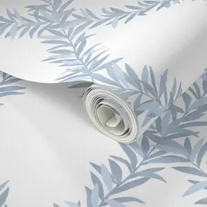Spoonflower Botanical Trellis Lattice Leaves Floral Light Custom Pre-pasted Wallpaper - Blue