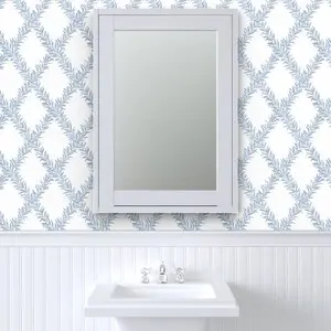 Spoonflower Botanical Trellis Lattice Leaves Floral Light Custom Pre-pasted Wallpaper - Blue