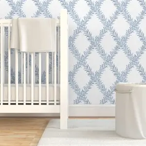 Spoonflower Botanical Trellis Lattice Leaves Floral Light Custom Pre-pasted Wallpaper - Blue