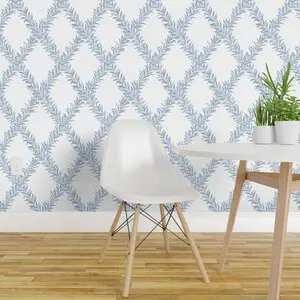 Spoonflower Botanical Trellis Lattice Leaves Floral Light Custom Pre-pasted Wallpaper - Blue