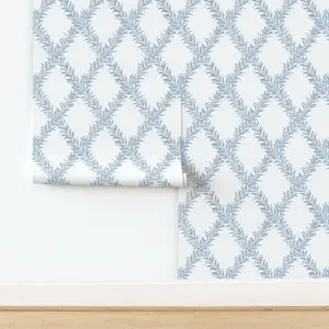 Spoonflower Botanical Trellis Lattice Leaves Floral Light Custom Pre-pasted Wallpaper - Blue