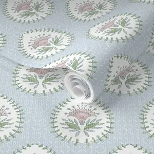 Spoonflower Flower Paisley Lotus Floral Teardrop Block Print Custom Pre-pasted Wallpaper - Blue
