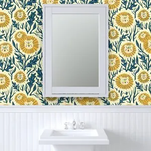 Spoonflower Lion Garden Nature Animals Whimsical Custom Pre-pasted Wallpaper - Yellow