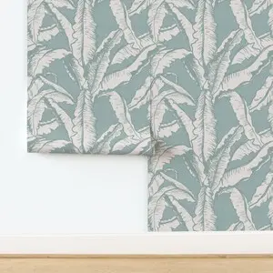 Spoonflower Sage Minimal Tropical Flora Banana Leaf Custom Pre-pasted Wallpaper - Green
