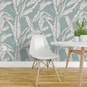 Spoonflower Sage Minimal Tropical Flora Banana Leaf Custom Pre-pasted Wallpaper - Green