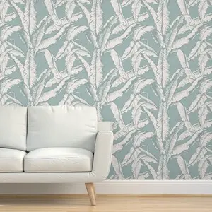 Spoonflower Sage Minimal Tropical Flora Banana Leaf Custom Pre-pasted Wallpaper - Green
