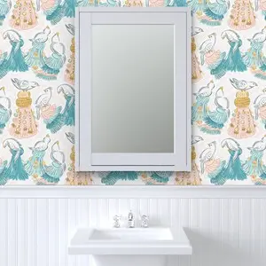 Spoonflower Tassels Baby Blue Blush Coral Elegant Wildlife New Custom Pre-pasted Wallpaper - Blue,pink