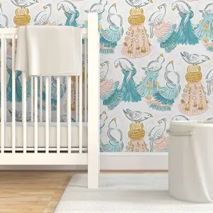 Spoonflower Tassels Baby Blue Blush Coral Elegant Wildlife New Custom Pre-pasted Wallpaper - Blue,pink