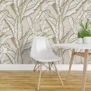 Spoonflower Nature Minimal Tropical Flora Custom Pre-pasted Wallpaper - Beige