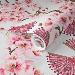 Spoonflower Floral Cherry Blossom Chinoiserie Botanical Spring Custom Pre-pasted Wallpaper - Pink