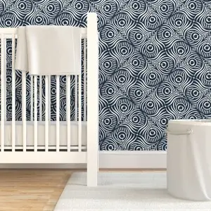 Spoonflower Animal Print Dark Graphic Lines Minimalist Custom Pre-pasted Wallpaper - Blue