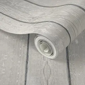 Spoonflower Weathered Wood Woodgrain Country Chic Panel Worn Custom Pre-pasted Wallpaper - Gray