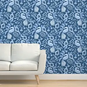 Spoonflower Hibiscus Garden Tropical Toucan Pineapple Denim Custom Pre-pasted Wallpaper - Blue