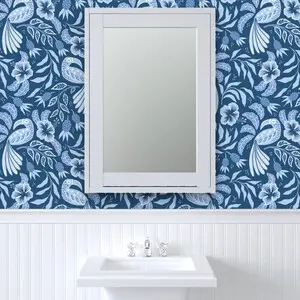Spoonflower Hibiscus Garden Tropical Toucan Pineapple Denim Custom Pre-pasted Wallpaper - Blue