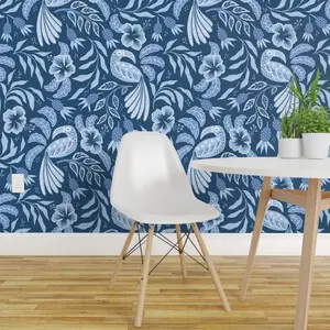 Spoonflower Hibiscus Garden Tropical Toucan Pineapple Denim Custom Pre-pasted Wallpaper - Blue