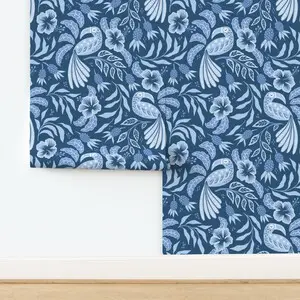 Spoonflower Hibiscus Garden Tropical Toucan Pineapple Denim Custom Pre-pasted Wallpaper - Blue