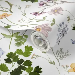 Spoonflower Botanical Garden Hand Painted Watercolor Floral Custom Pre-pasted Wallpaper - Green