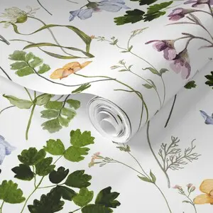 Spoonflower Botanical Garden Hand Painted Watercolor Floral Custom Pre-pasted Wallpaper - Green