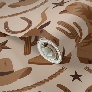 Spoonflower Western Cowboy Cowgirl Longhorn Southwest Earth Custom Pre-pasted Wallpaper - Brown