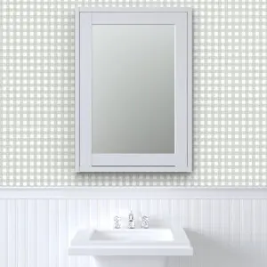 Spoonflower Buffalo Gingham Check Picnic Small Plaid Neutral Custom Pre-pasted Wallpaper - White,beige