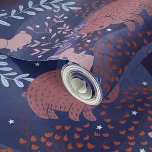 Spoonflower Dark Magical Forest Woodland Creatures Wild Custom Pre-pasted Wallpaper - Blue,purple