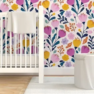 Spoonflower Crocus Bloom Whimsical Floral Modern Garden Custom Pre-pasted Wallpaper